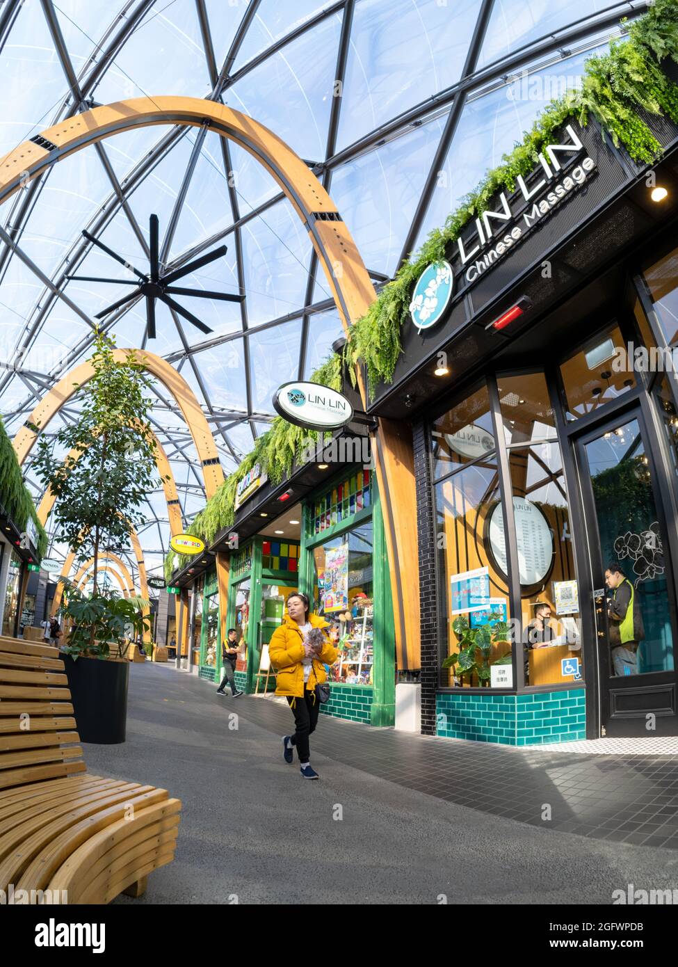 AUCKLAND, NEW ZEALAND - Aug 09, 2021: Fisheye view of shopping street ...