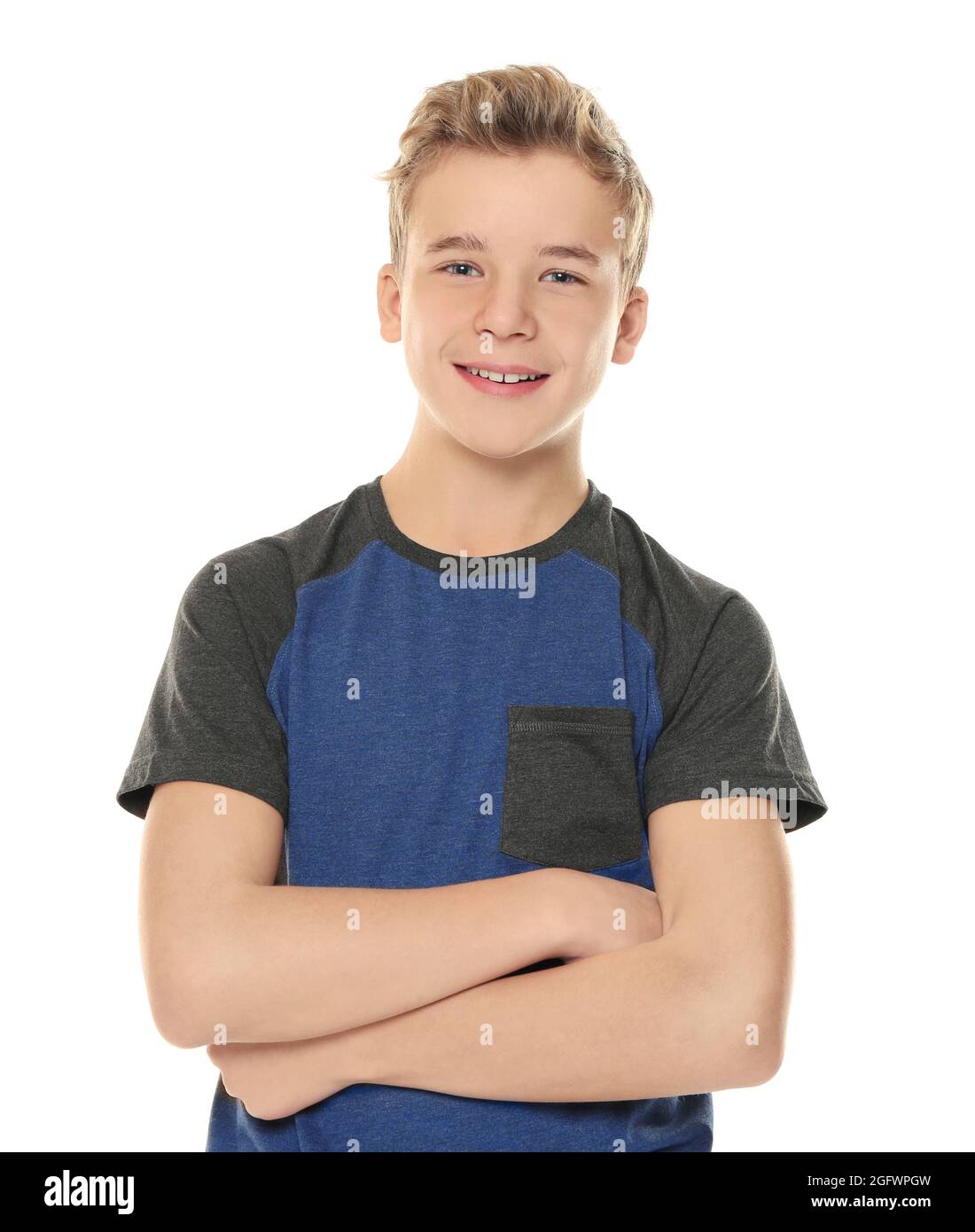 Cheerful teenager in casual clothes on white background Stock Photo - Alamy