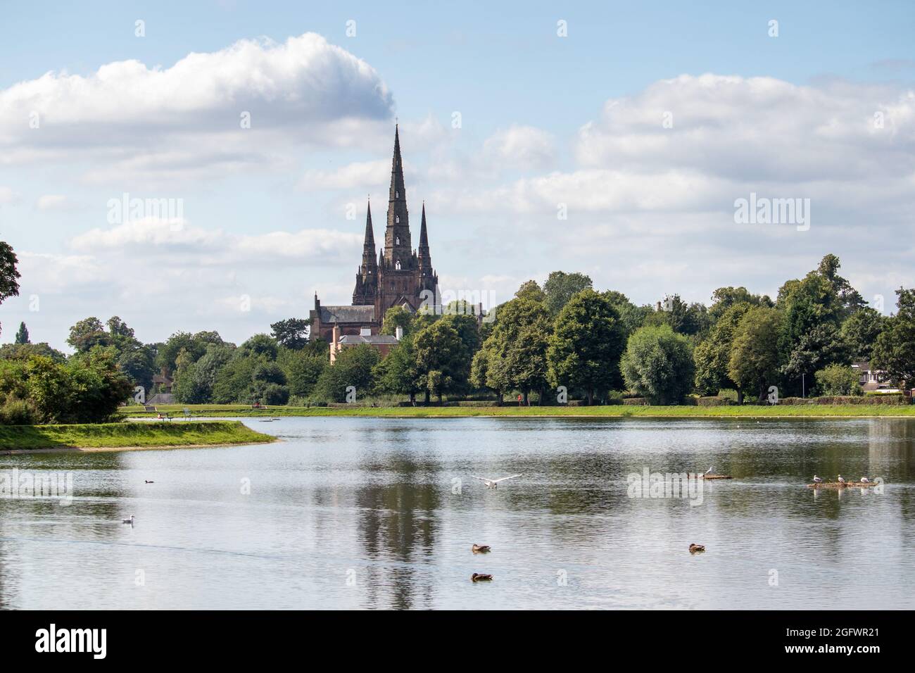 The view of Lichfield Cathedral from Stowe Pool showing the towers of ...