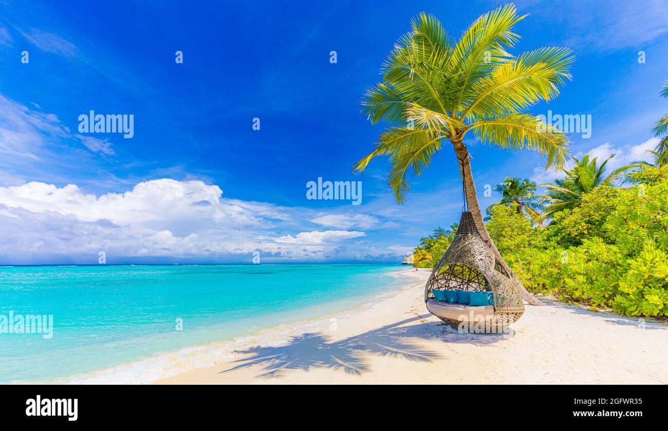 Tropical beach paradise as summer landscape, beach swing hammock and ...