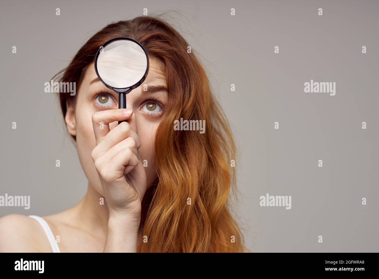 beautiful woman facial skin problems dermatology light background Stock ...