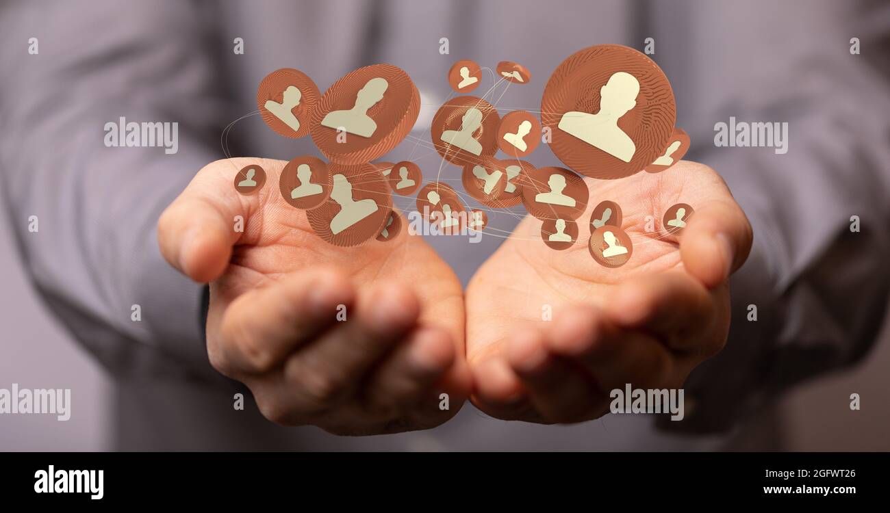 Hand holding icons connected to each other - the concept of digital ...