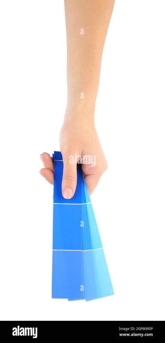 Female hand holding color samples on white background Stock Photo - Alamy