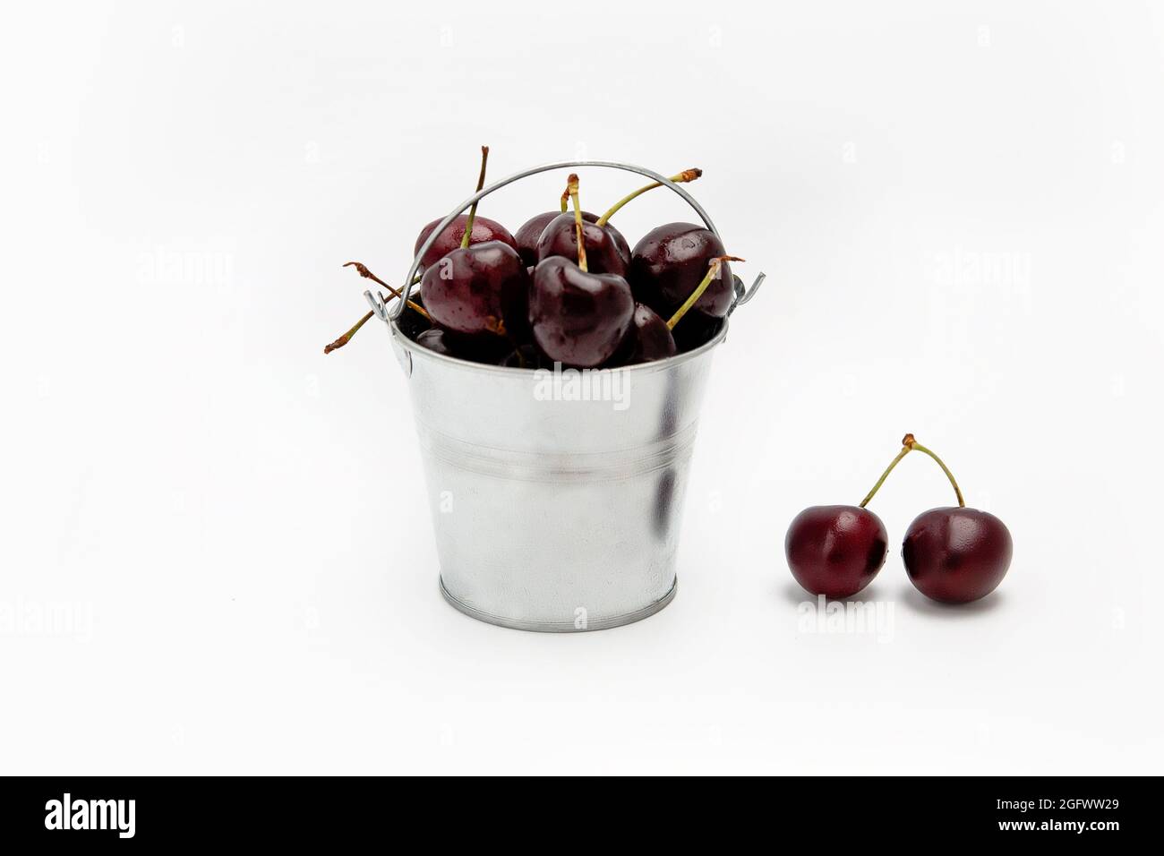 Mini bucket full of cherries on a white background. The concept of crop ...