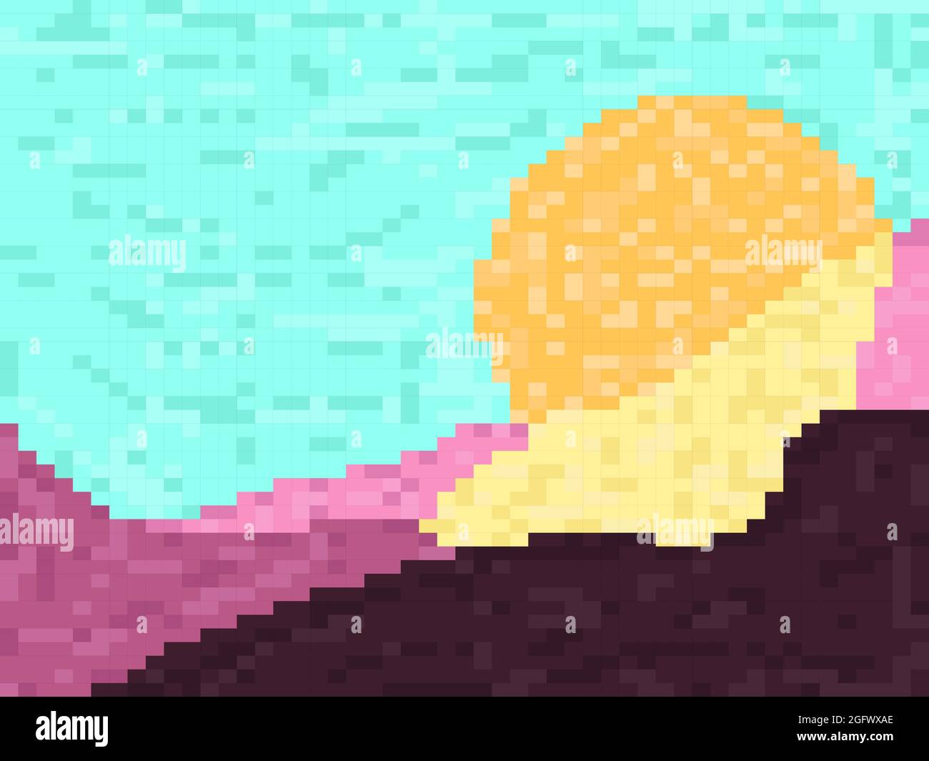 Pixel landscape with mountains and sun. Sunrise over the mountains in ...