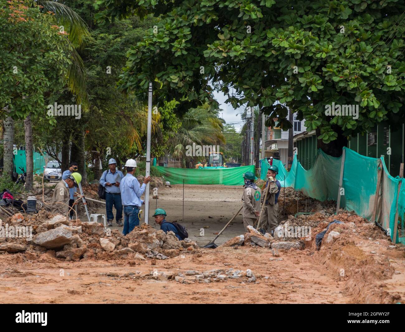 Leticia, Colombia - December 12, 2019: Construction of a new road in a ...