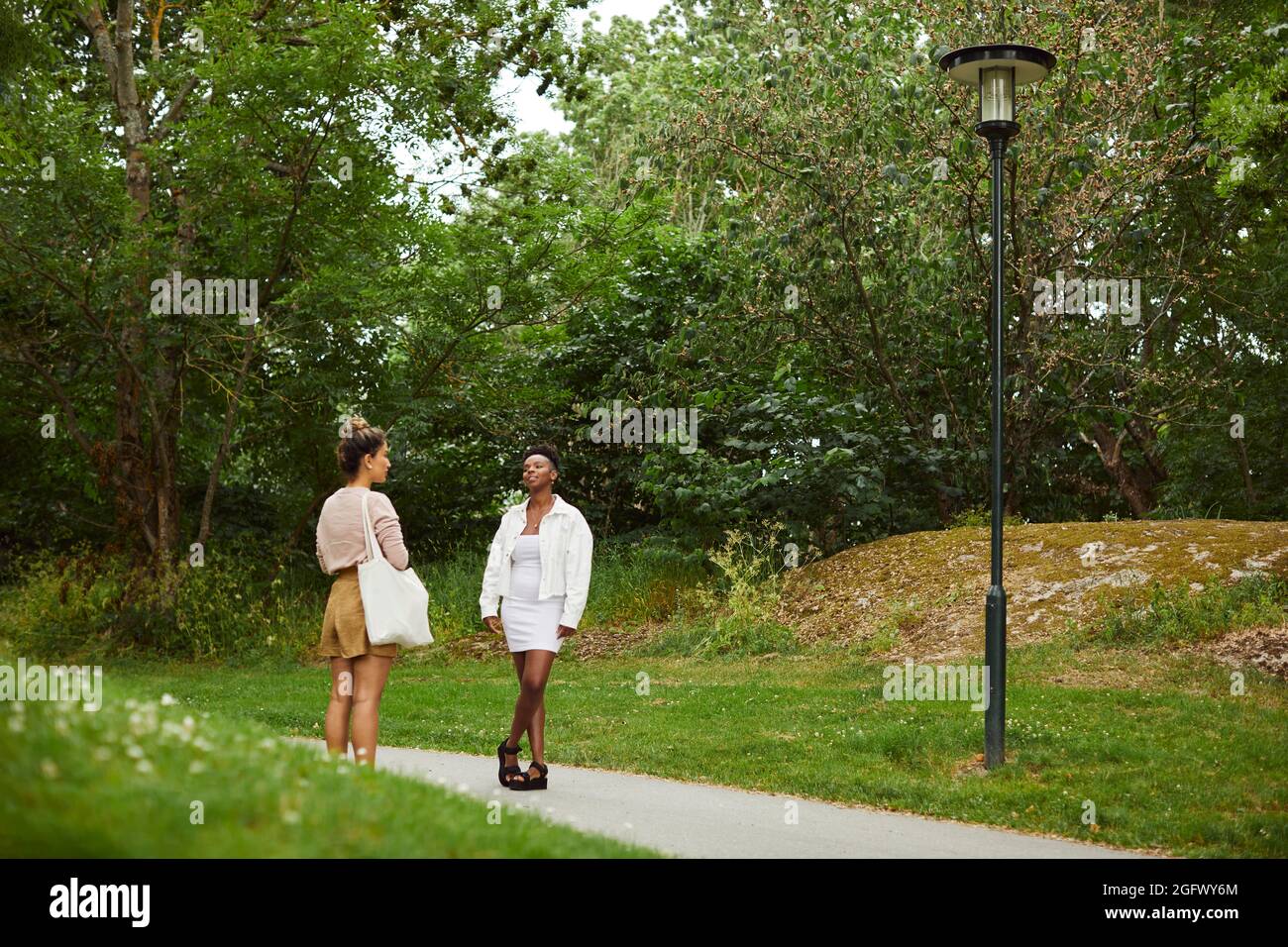 Female friends talking in park Stock Photo - Alamy