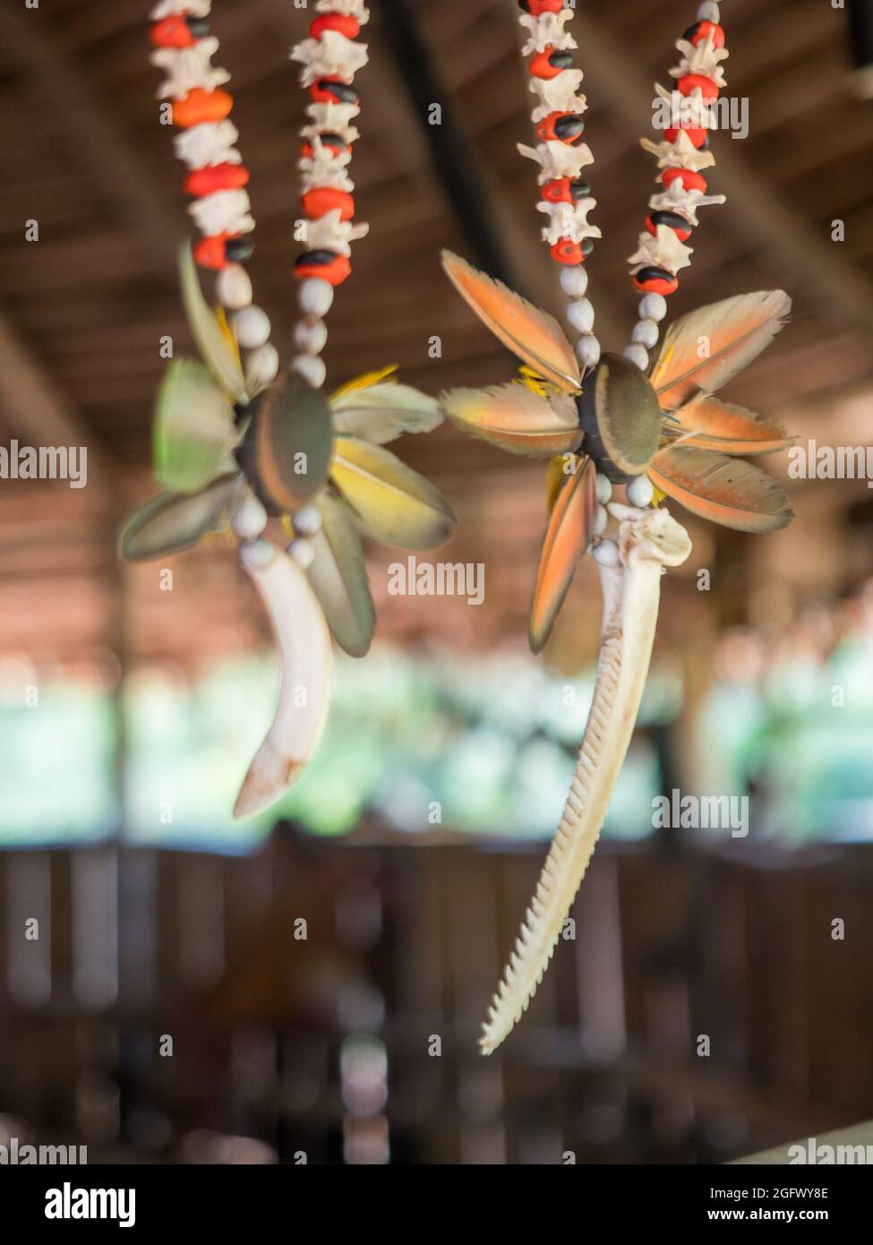 Iquitos, Peru - May 2016: Jungle souvenir. Handcrafted necklaces with ...