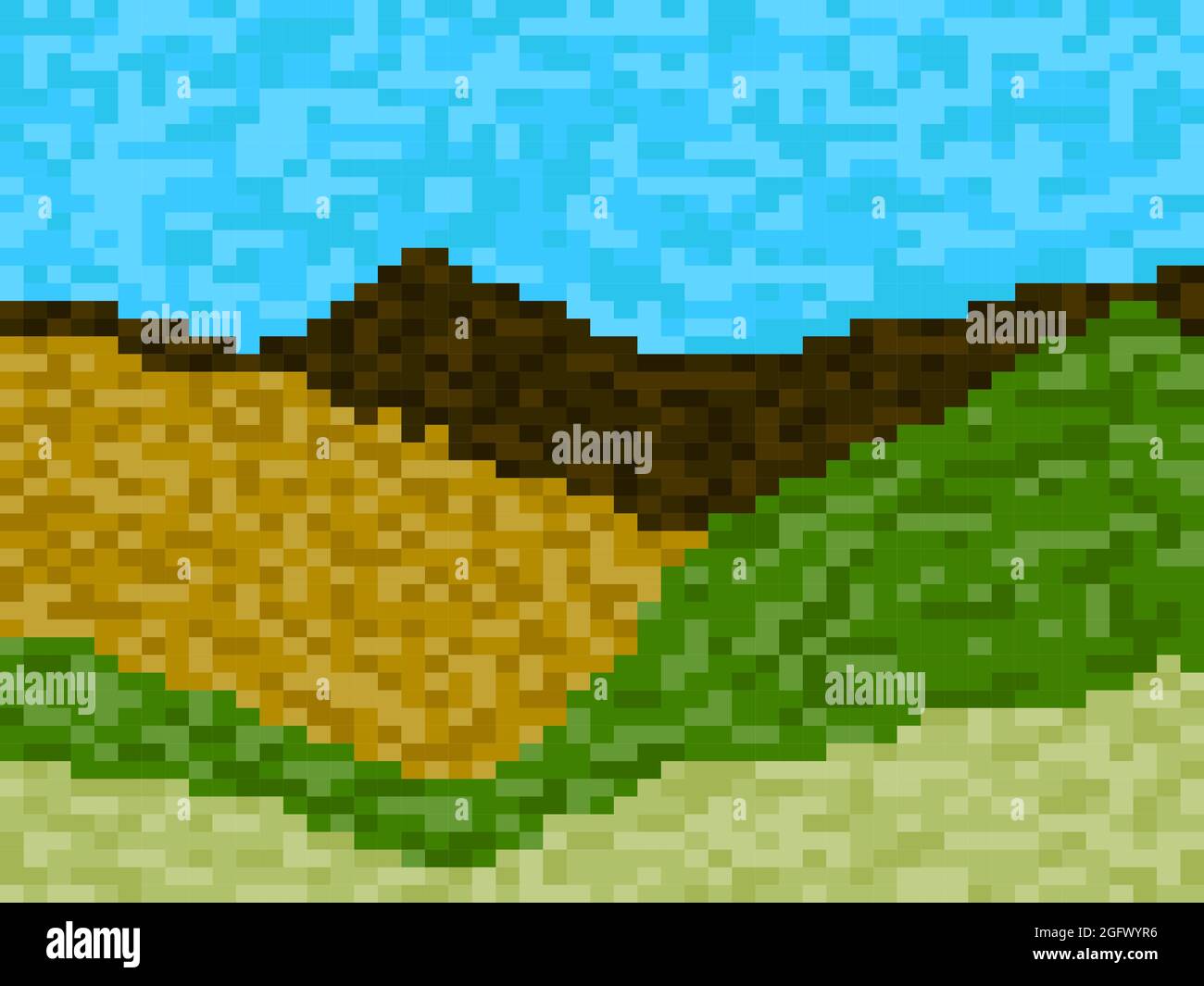 Pixel landscape with green meadows and hills. Retro 8-bit video game of ...