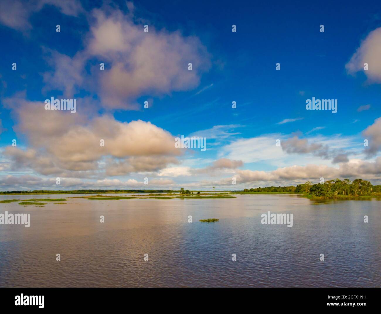 The meeting of the white and black waters of the Amazon River. The ...