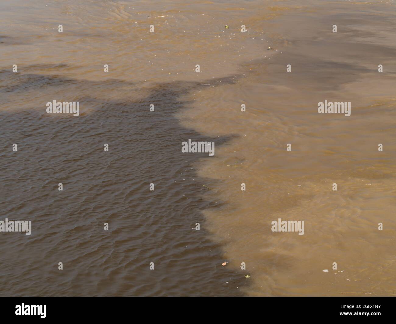 The meeting of the white and black waters of the Amazon River. The ...