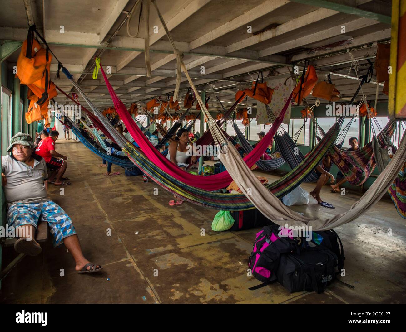 Amazon River, Peru - May, 2016: Many beautiful, colorful hammocks on ...