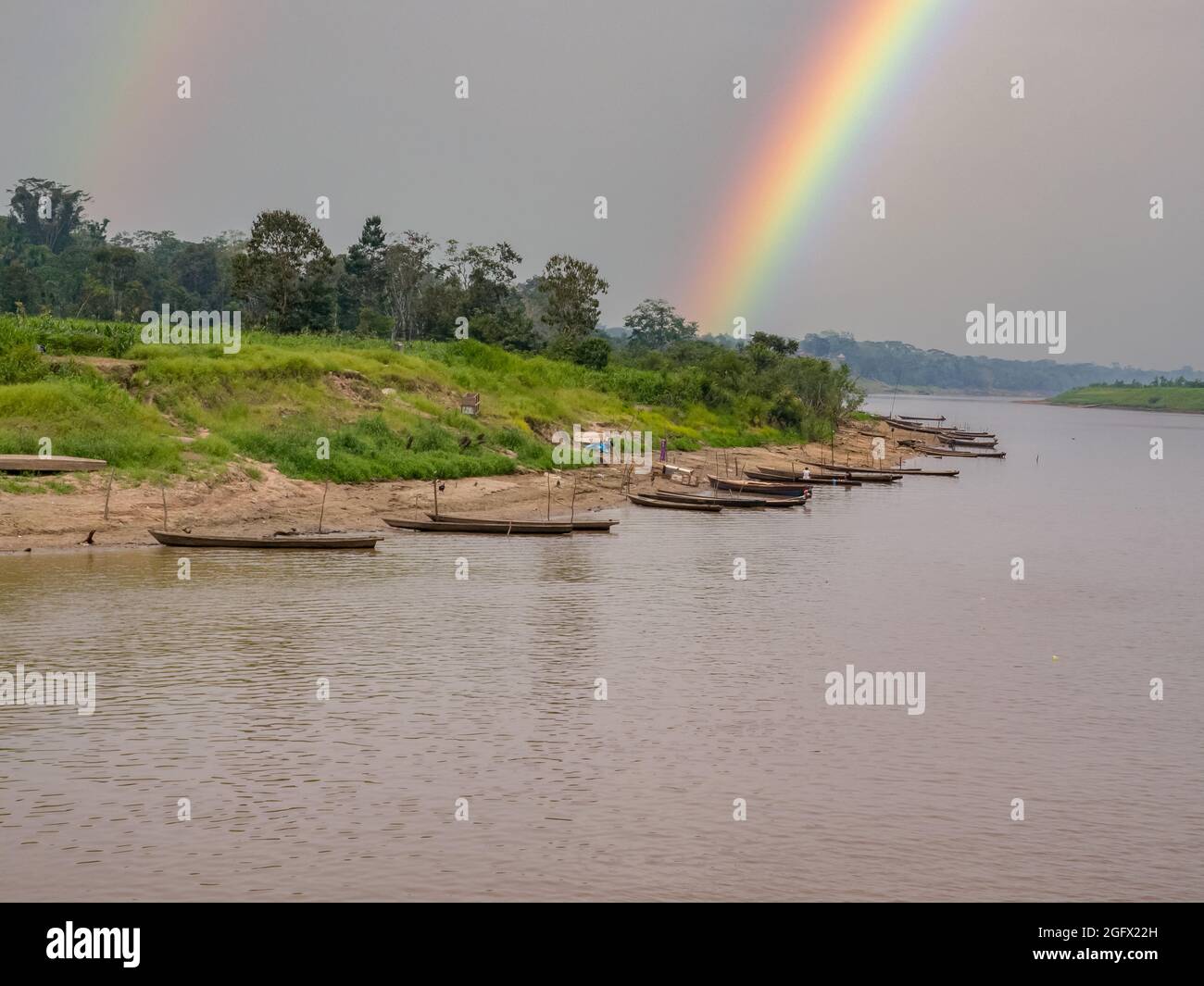 Pebas, Peru- Sep, 2017:Traditional, indian boats on the bank of the ...