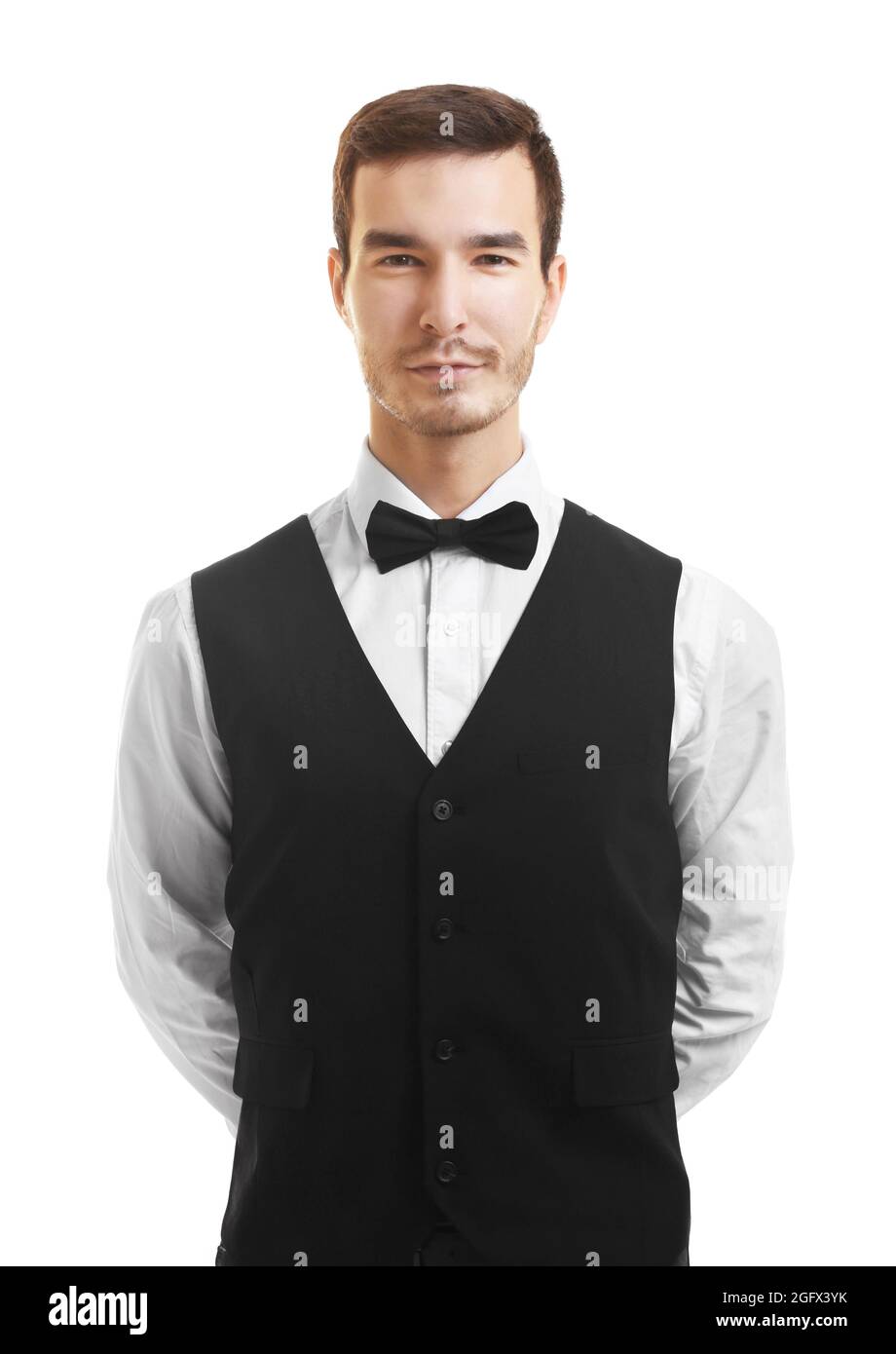 Cute waiter on white background Stock Photo - Alamy