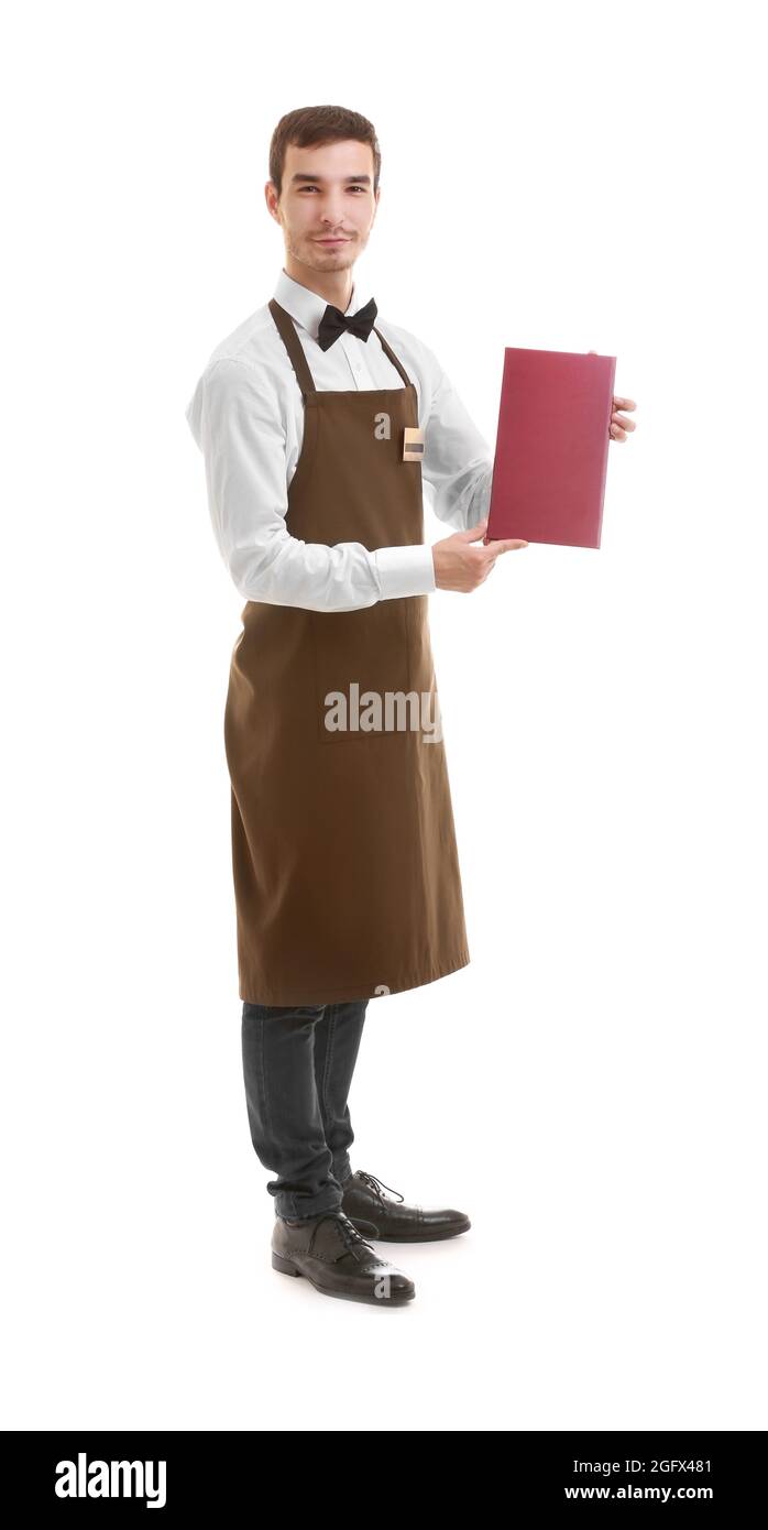 Cute waiter holding brown bill folder on white background Stock Photo ...