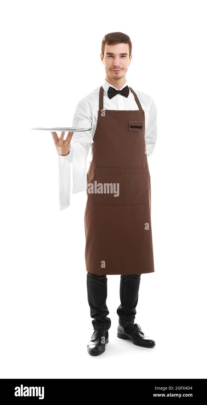 Cute waiter holding empty tray and napkin on white background Stock ...