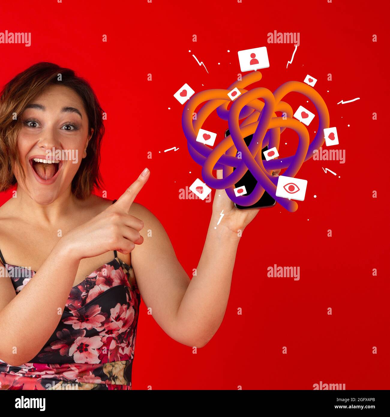 Young smiling beautiful girl showing excitement about social media ...