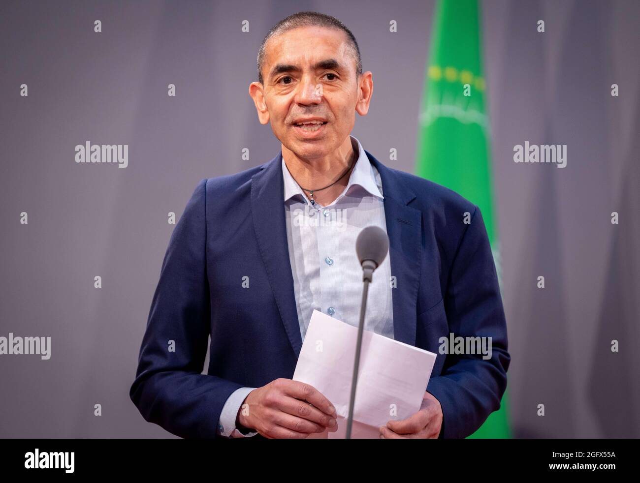 Berlin, Germany. 27th Aug, 2021. Ugur Sahin, CEO of Biontech, addresses ...