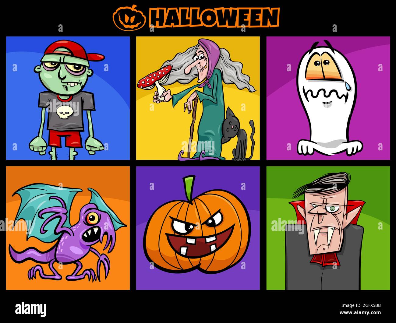 Cartoon illustration of comic Halloween characters set Stock Vector ...