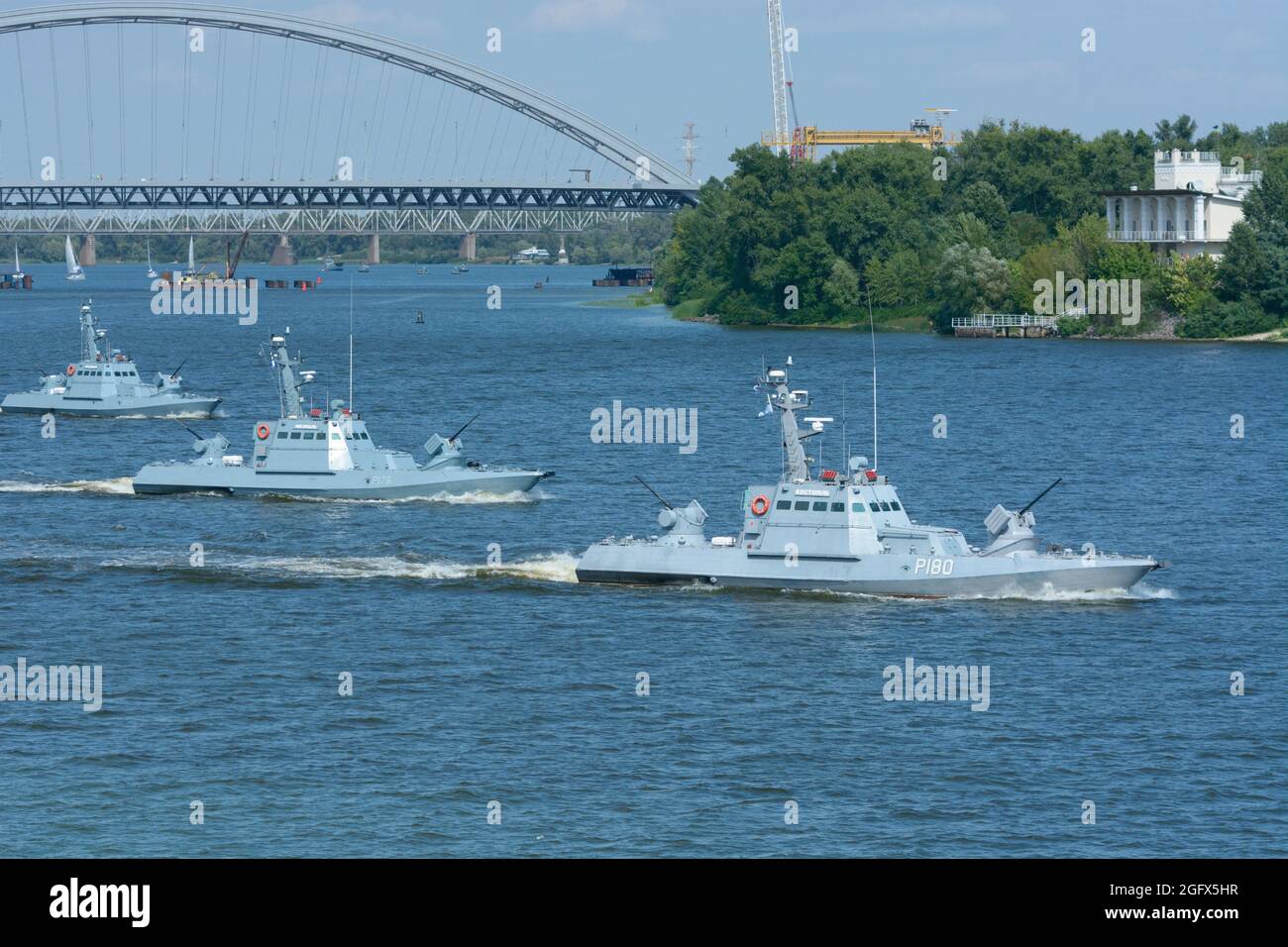 Armored gunboats floating on the river. August 24, 2021. Military ...