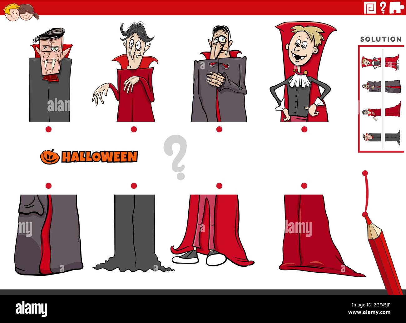 Cartoon illustration of educational game of matching halves of pictures ...