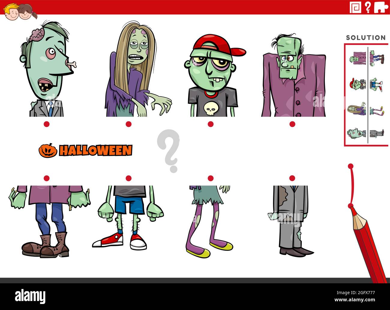 Cartoon illustration of educational game of matching halves of pictures ...