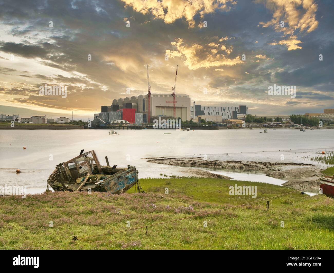 View from Walney Island of the British nuclear submarine factory in ...