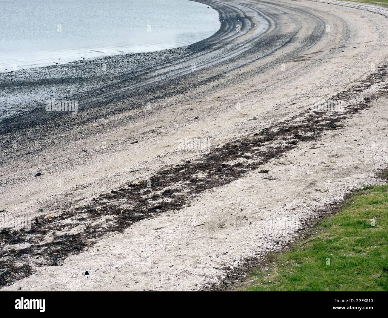 High angle shot of a coastline with sandy beach and a green grass ...