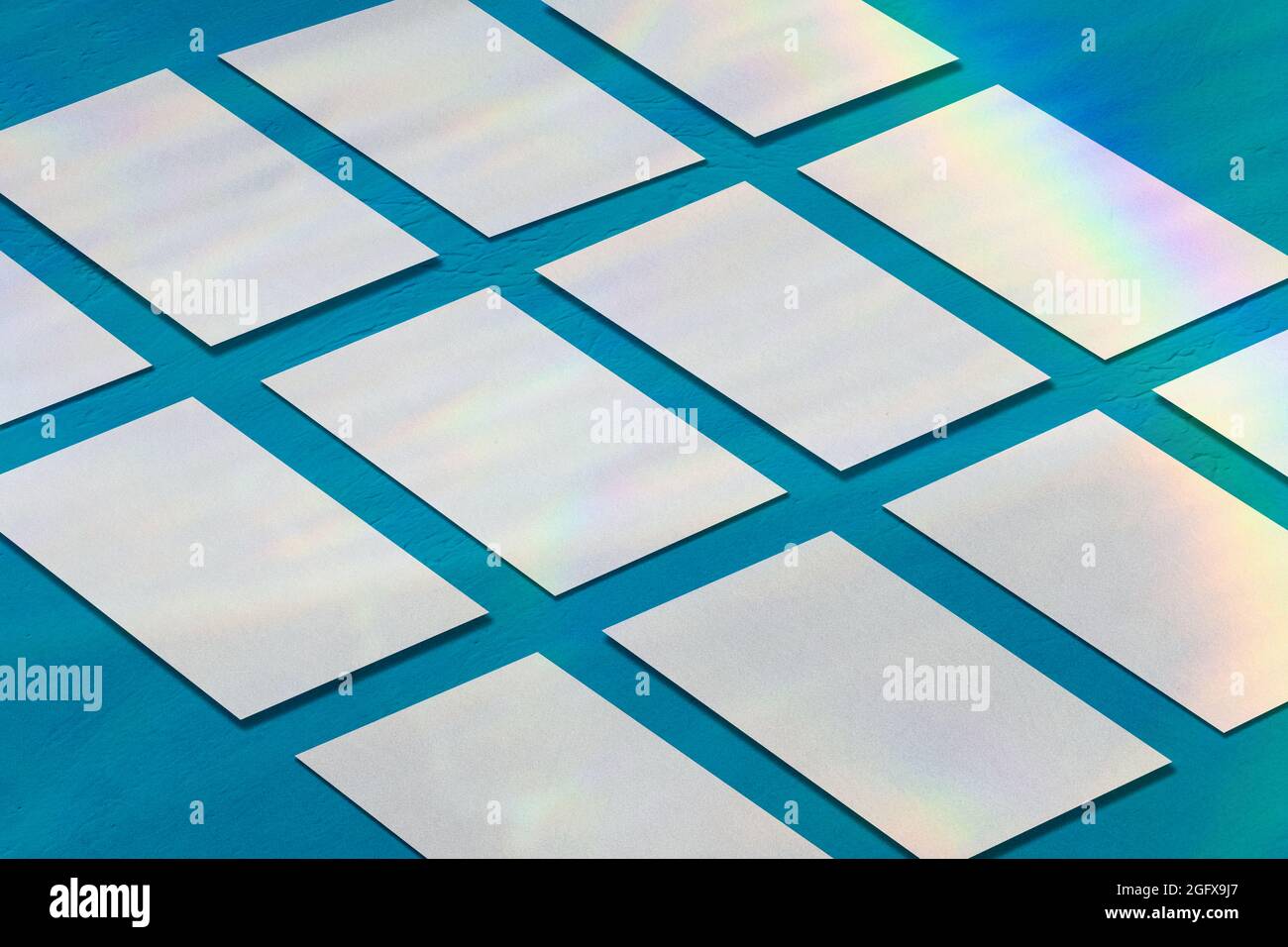 Many empty horizontal rectangle poster mockup on mint blue background ...
