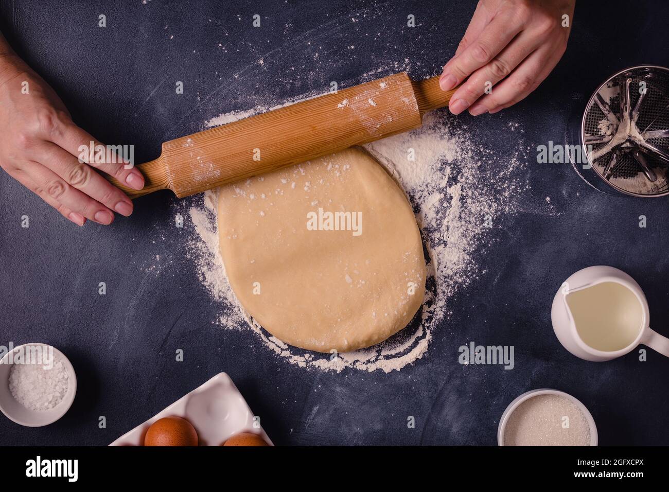 Table with baking products and tools. Culinary, baking concept Stock ...