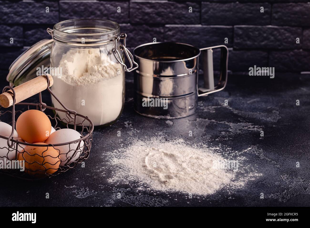 Table with baking products and tools. Culinary, baking concept Stock ...