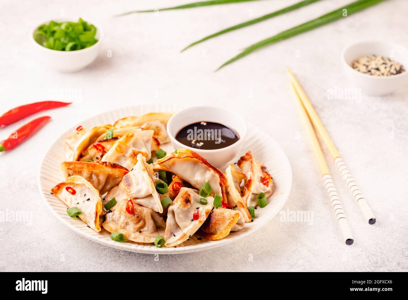 Fried dumplings served with green onions, sesame seeds and chili ...