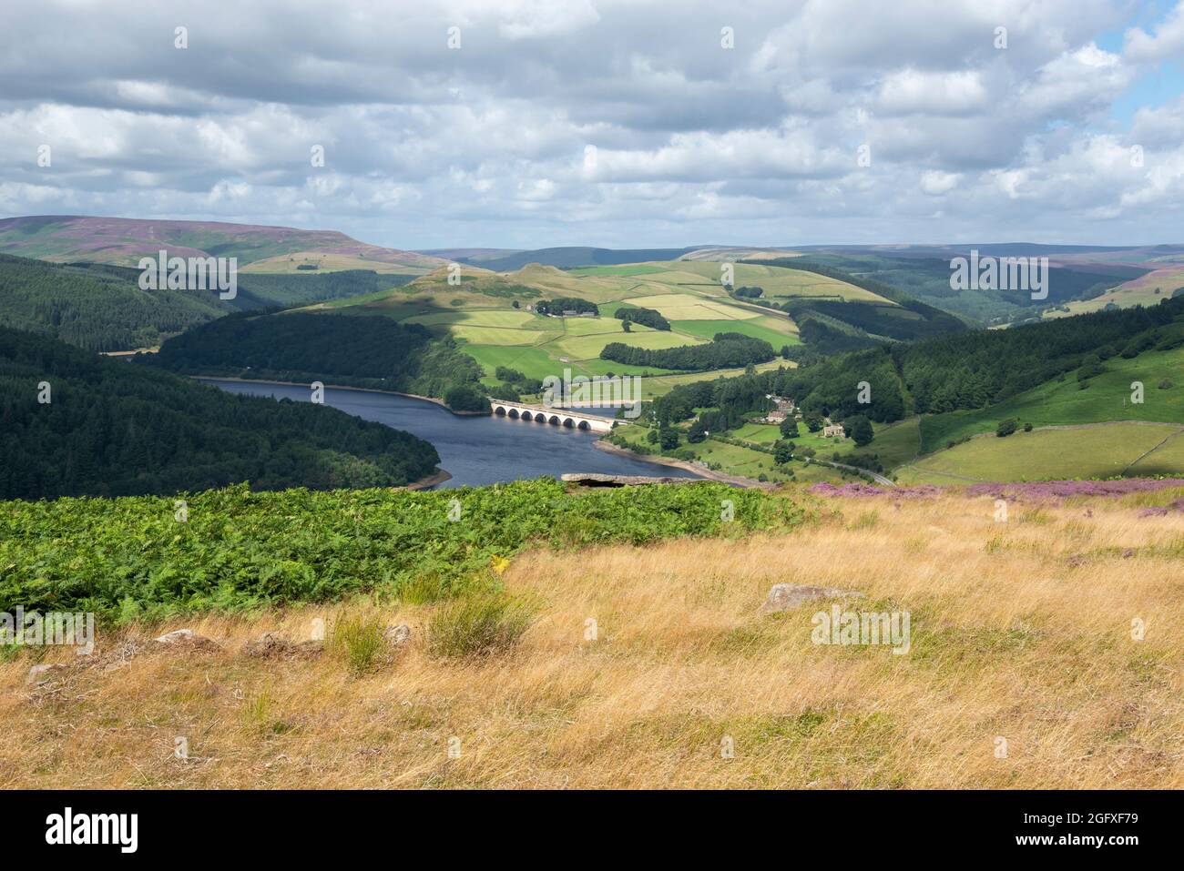 Ladybower reservoir seen from Bamford Moor on a sunny summer day in the ...