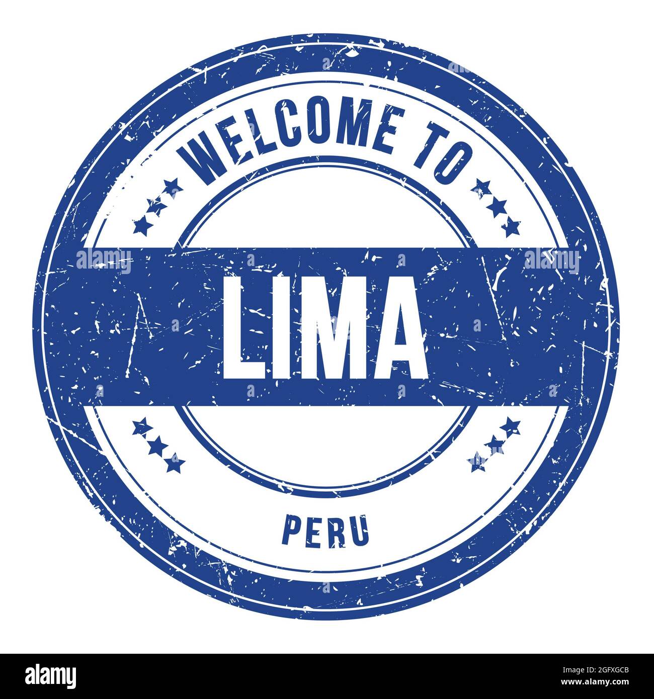 WELCOME TO LIMA - PERU, words written on blue round coin stamp Stock ...