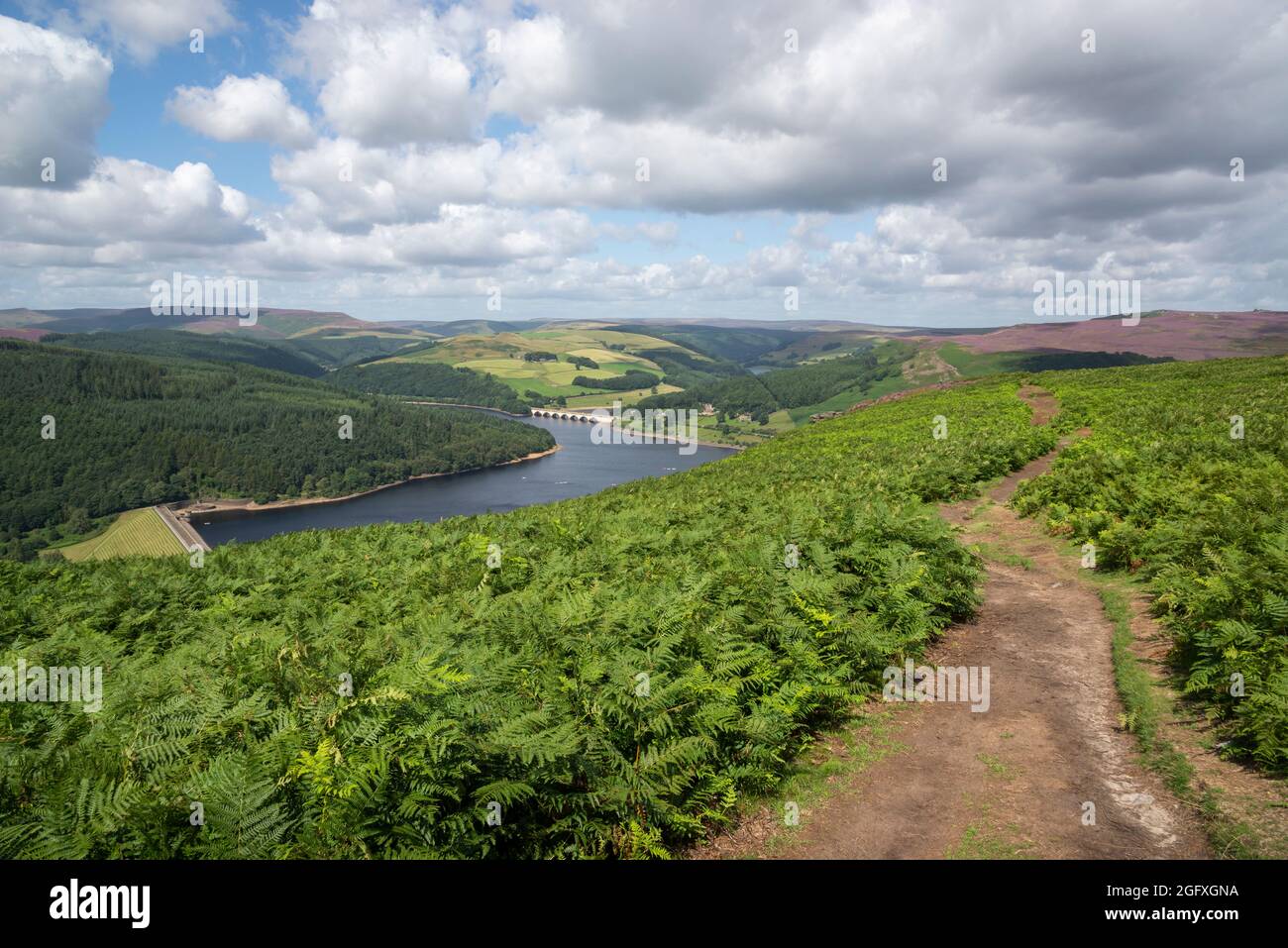 Ladybower reservoir seen from Bamford Moor on a sunny summer day in the ...
