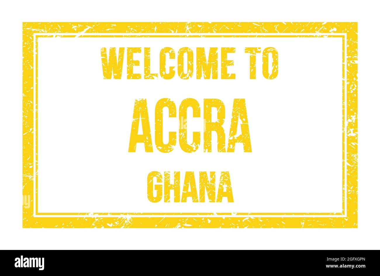 WELCOME TO ACCRA - GHANA, words written on yellow rectangle post stamp ...