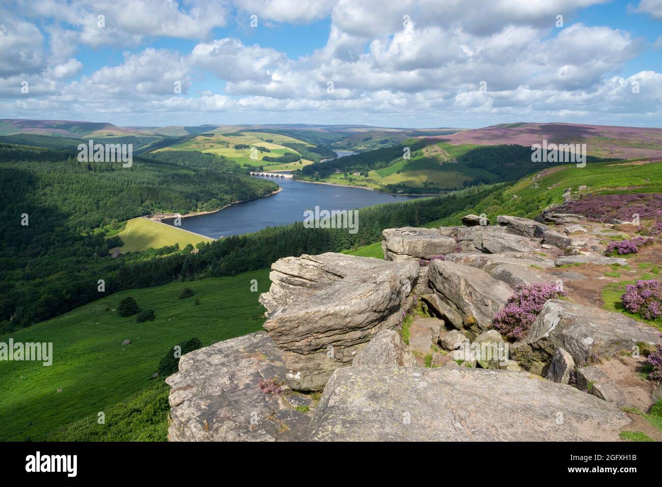 Ladybower reservoir seen from Bamford Edge on a sunny summer day in the ...