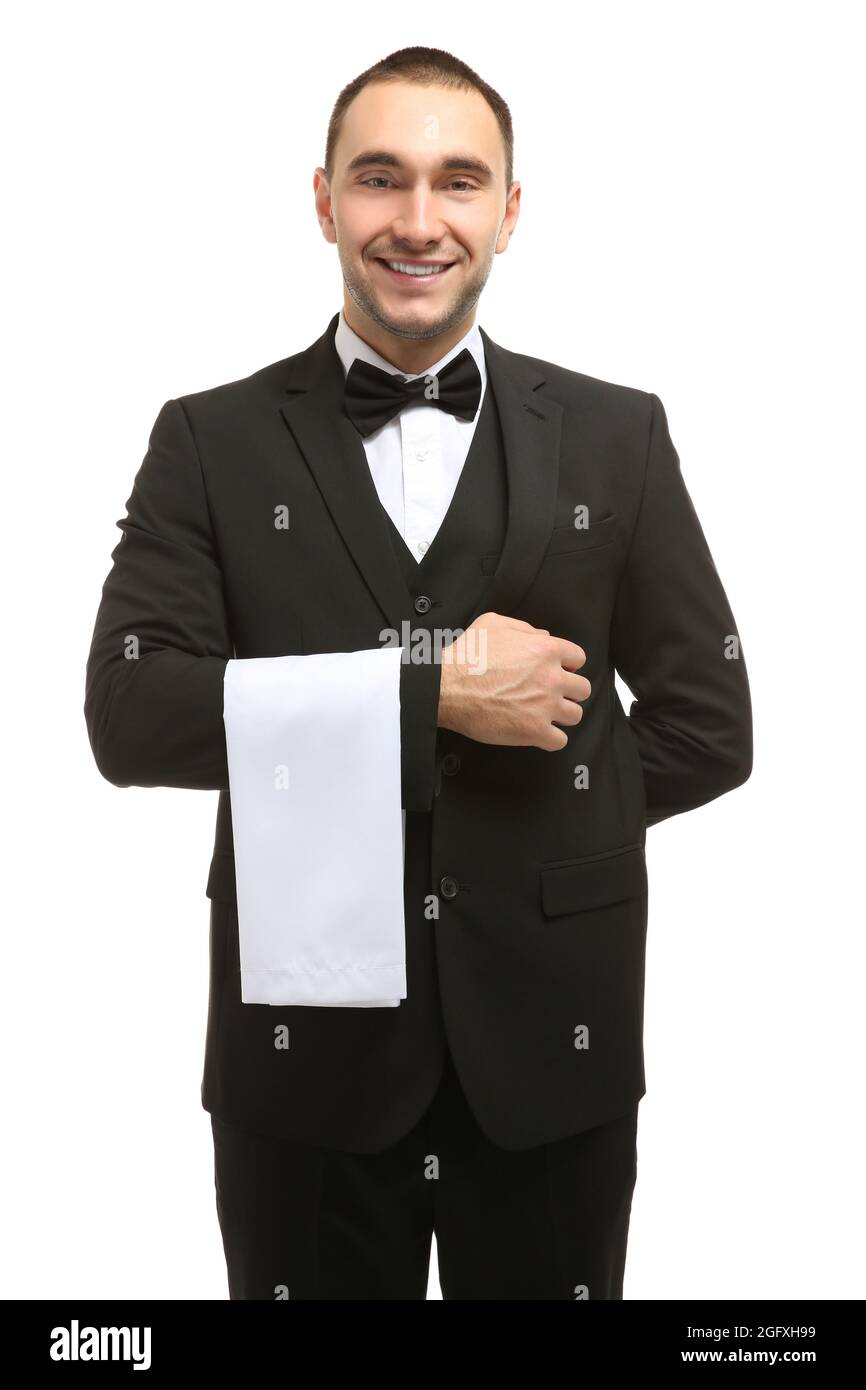 Young handsome waiter with napkin standing on white background Stock ...