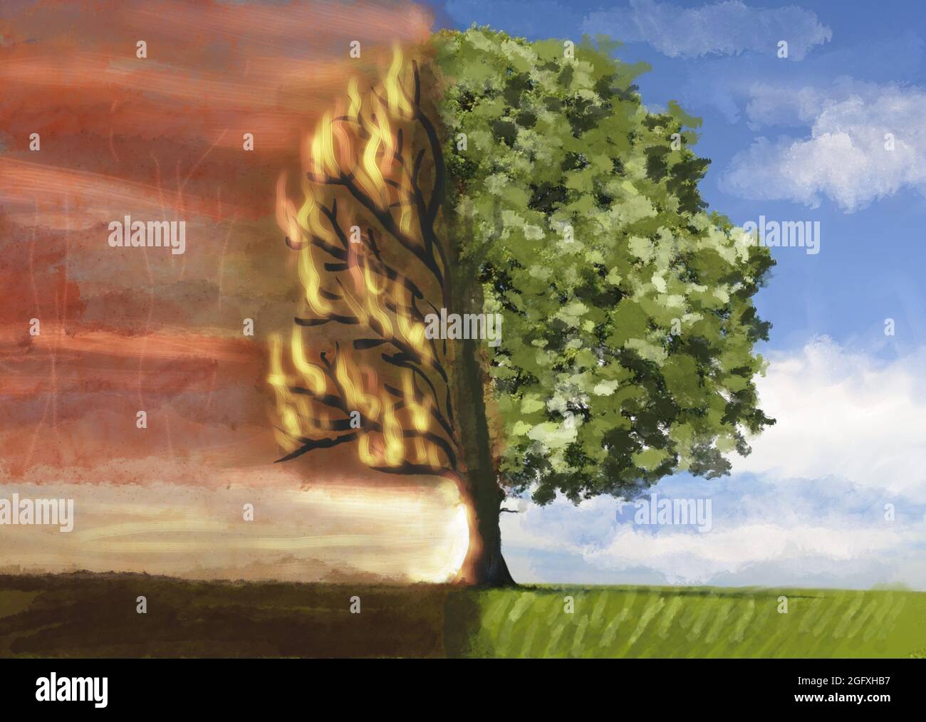 Climate change half burning and half healthy tree Stock Photo - Alamy
