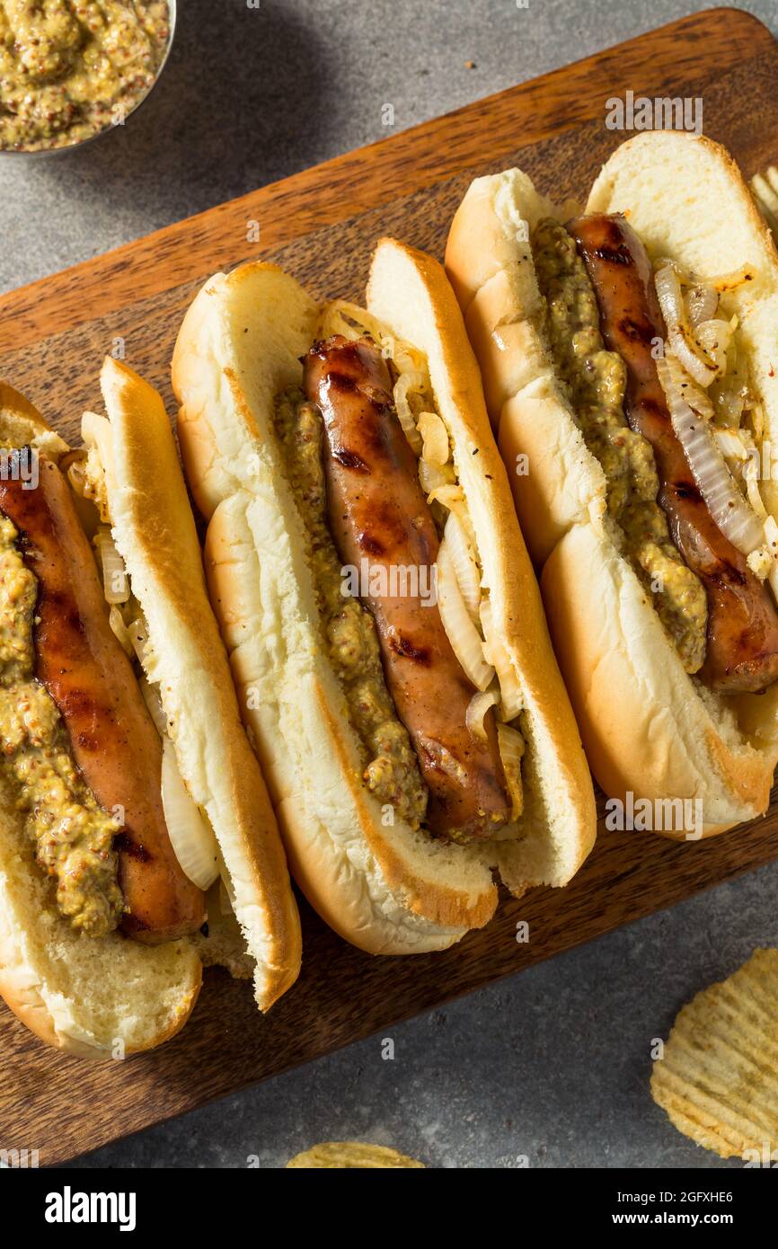 Homemade German Bratwurst Sandwich with Mustard and Onion Stock Photo ...