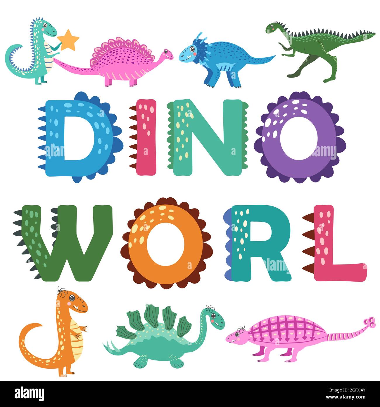 Dinosaurs world poster. cartoon dinosaurs and hand lettering. t-rex ...