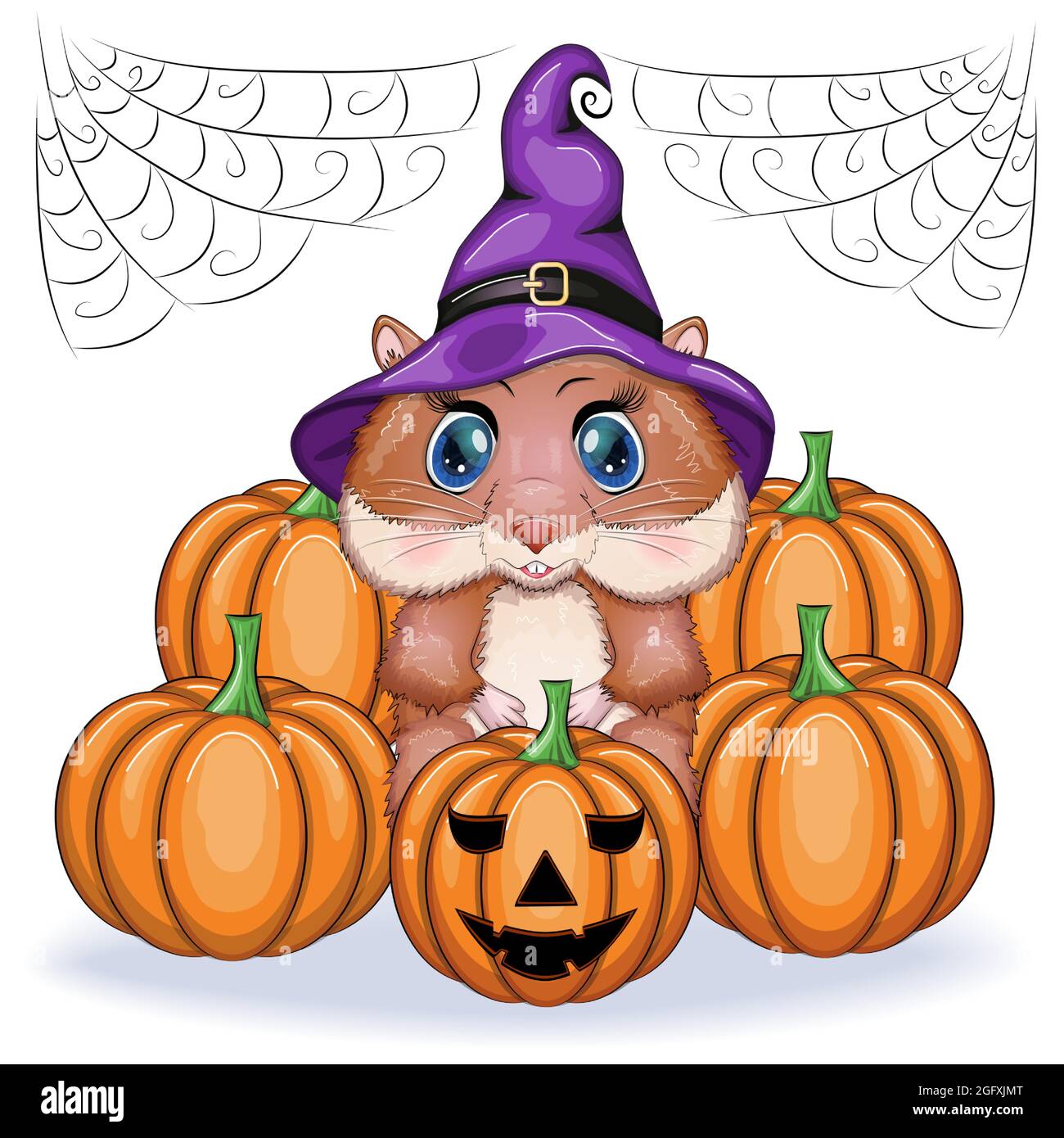 Cute cartoon hamster wearing wizard hat with broom and pumpkins ...