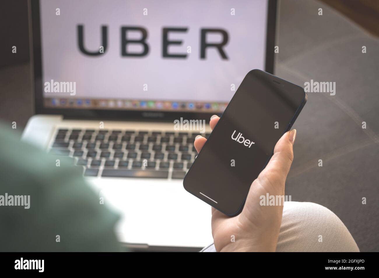 Kharkov, Ukraine - August 23, 2021: Uber app logo on mobile phone ...