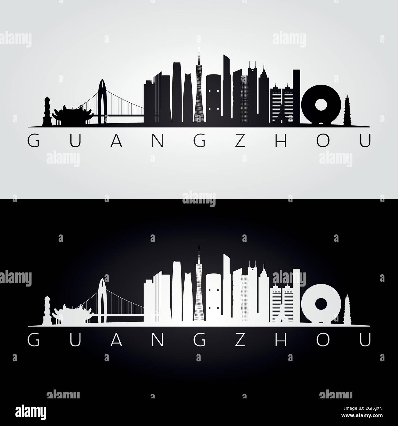 Guangzhou skyline and landmarks silhouette, black and white design ...