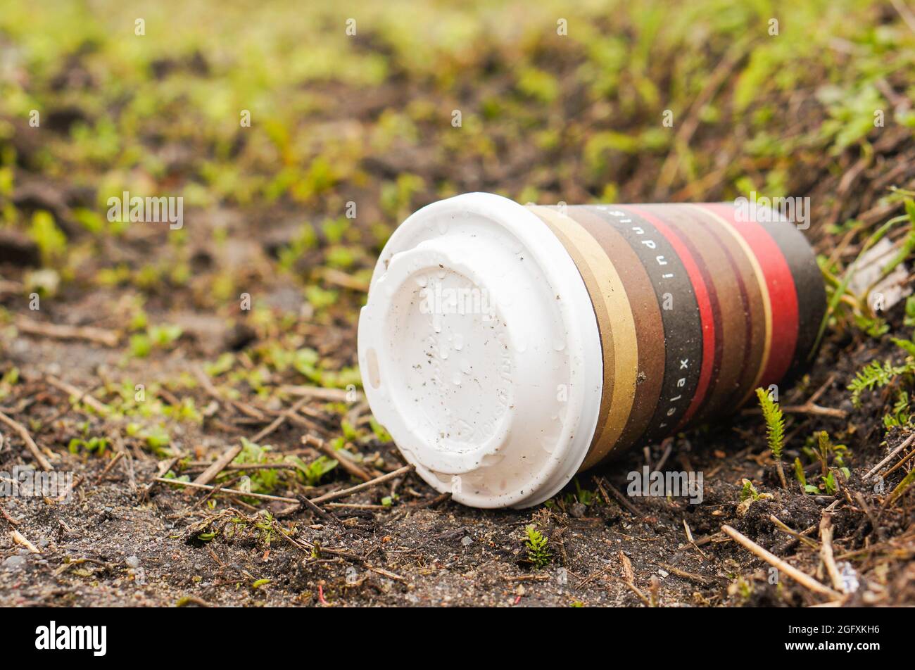 Paper coffee cup, thrown on the ground; environmental pollution Stock ...
