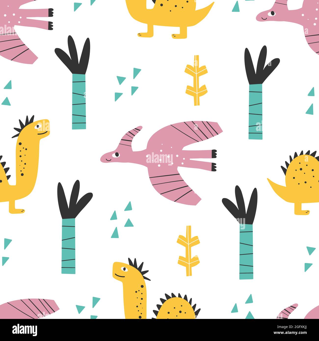 Cute dinosaur pattern - hand drawn childish dinosaur seamless print ...
