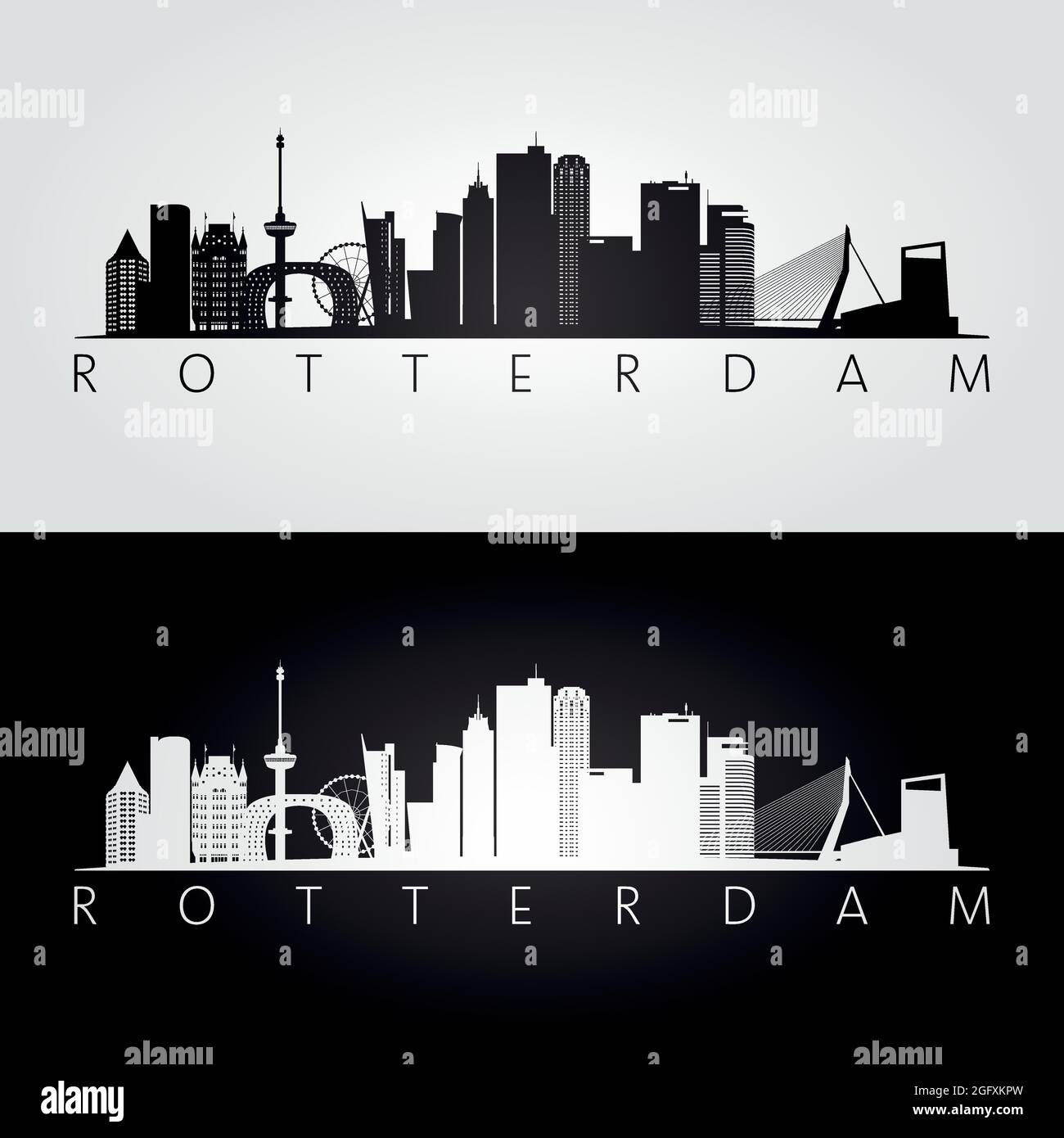 Rotterdam skyline and landmarks silhouette, black and white design ...