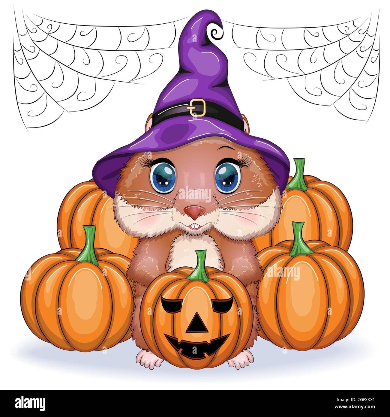 Cute cartoon hamster wearing wizard hat with broom and pumpkins ...