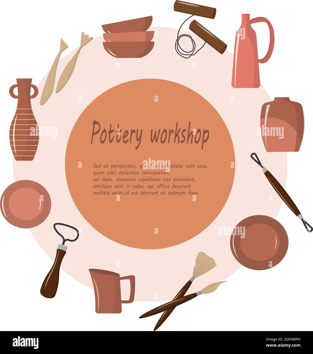 Poster for a pottery workshop - tools, vases, plates and jugs. Vector ...