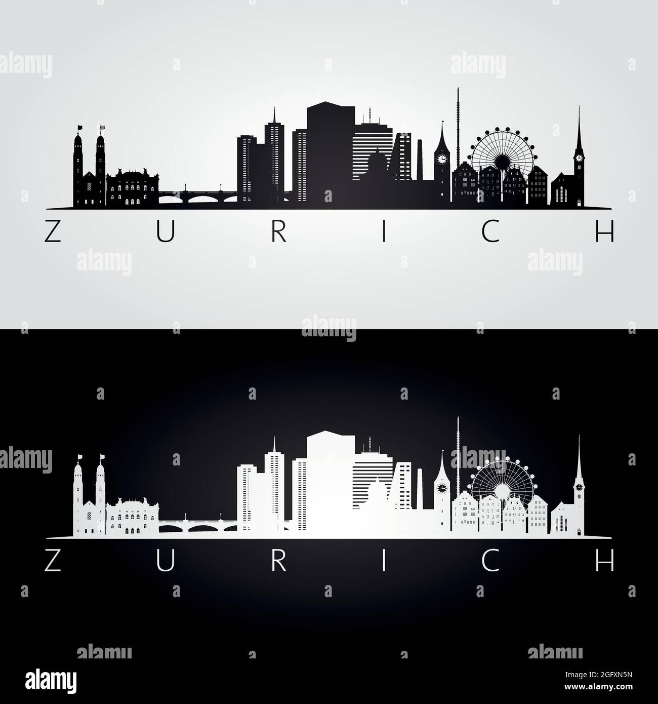 Zurich skyline and landmarks silhouette, black and white design, vector ...